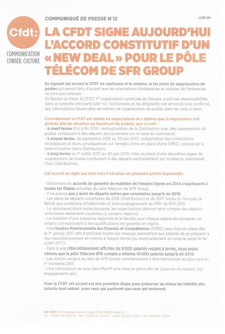 SFR Group : la CFDT signe l’accord constitutif d’un “New Deal” – CFDT S3C 44-85