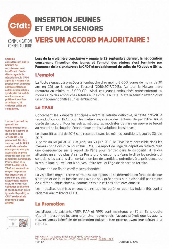 La Poste : Insertion Jeunes et Emploi Seniors – CFDT S3C 44-85