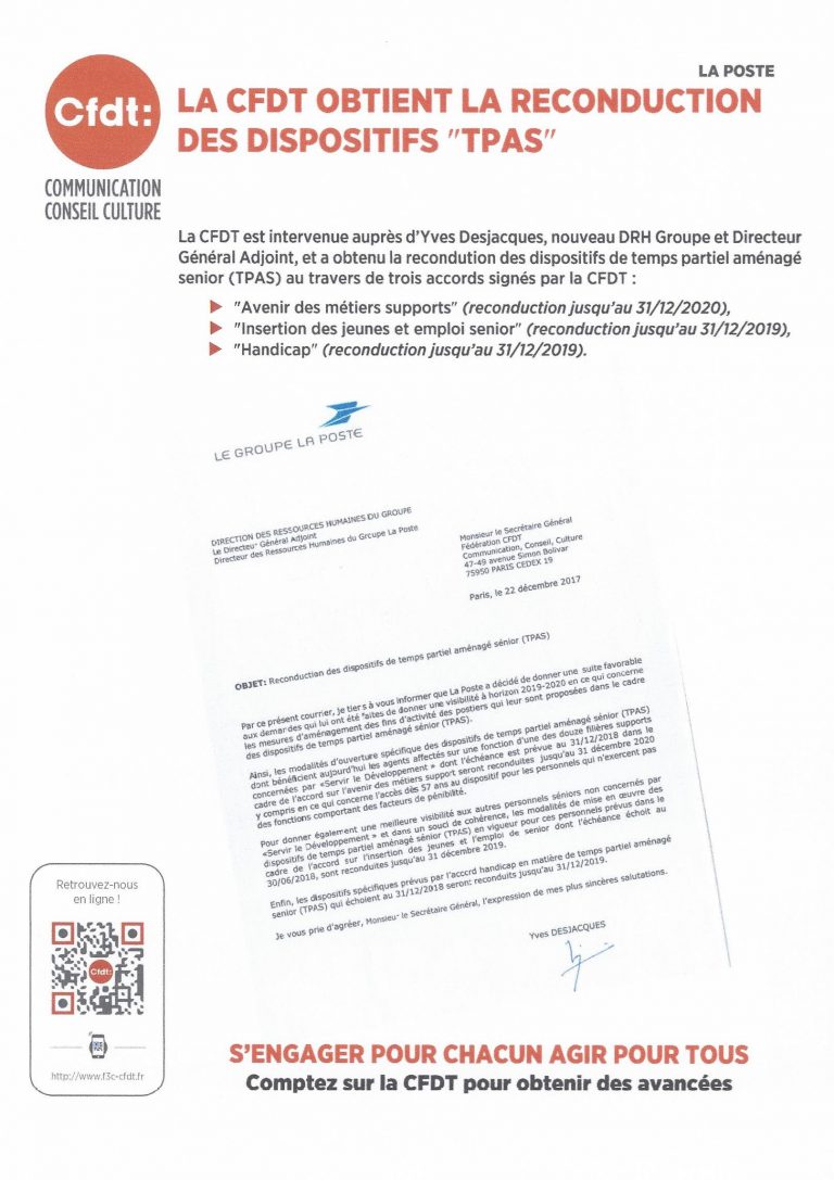La Poste : La CFDT obtient la reconduction des dispositifs TPAS – CFDT S3C 44-85