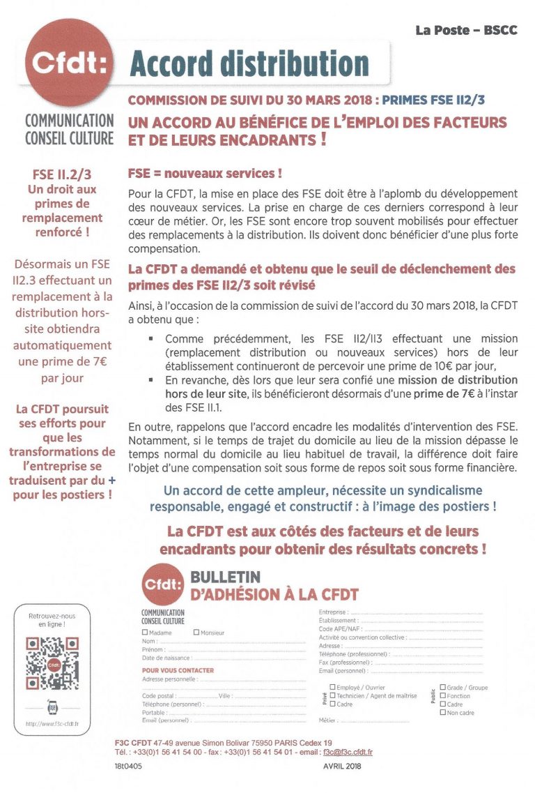 LA POSTE BSCC : ACCORD DISTRIBUTION – CFDT S3C 44-85